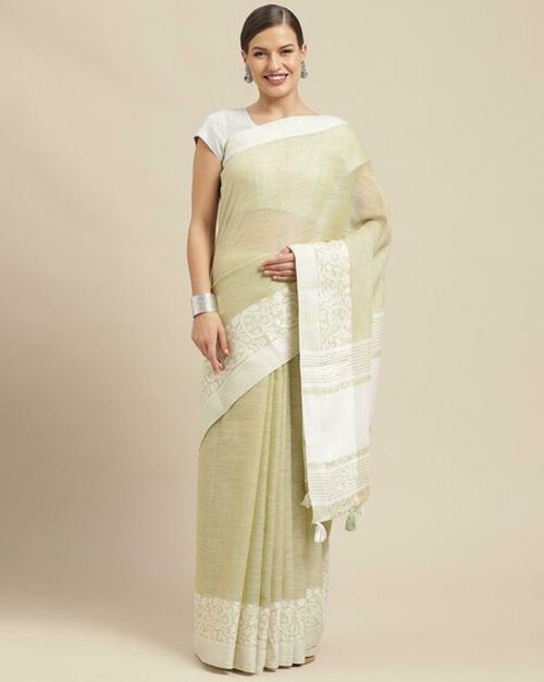Buy Saree Swarg Women Green Linen Blend Woven Design Saree Online at ...