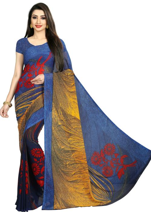 Buy Anand Women Blue Printed Georgette Single Saree Online at Best ...