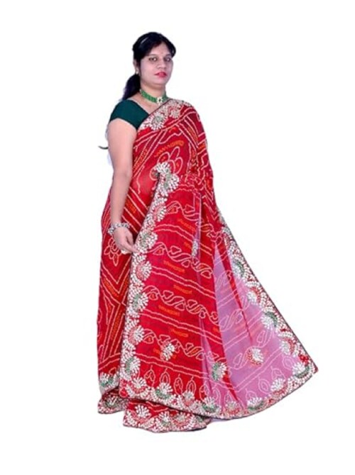 Buy FASHION MOODS Jaipuri Handwork Bandhej Georgette Red Chunri Saree ...