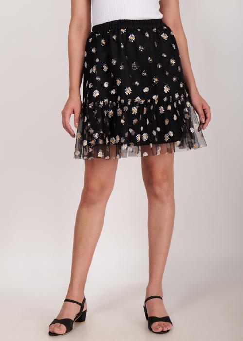 Buy Frolic Rolic Casual Black Net Fabric & Polyester Lining with Floral ...