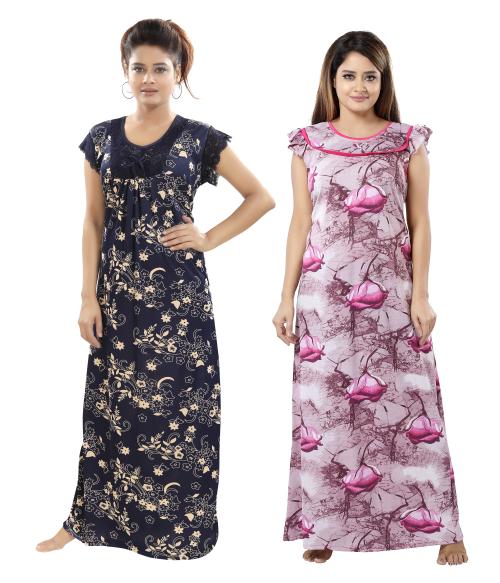 Buy Glam World Women Multicolor Printed Satin Nighty Combo- Free Size ...