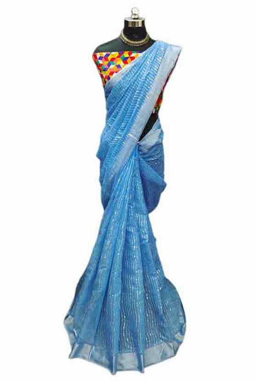 Buy silkwear Women Light Blue Embroidered Chanderi Chanderi Saree with ...