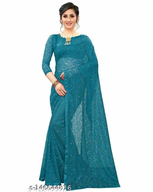 Buy Vkaran Women's Sky Blue Net Embroidered Saree With Blouse Online at ...