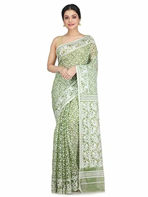Buy PinkLoom Women Green Woven Pure Cotton Woven Saree without Blouse Piece Online at Best ...