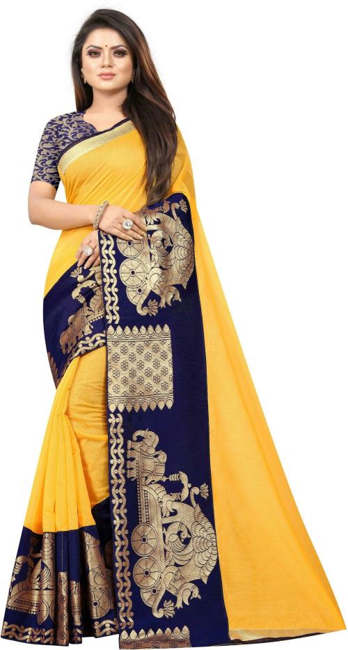 Buy Febo Fashion Women Yellow Woven Design Chanderi Single Saree Online ...