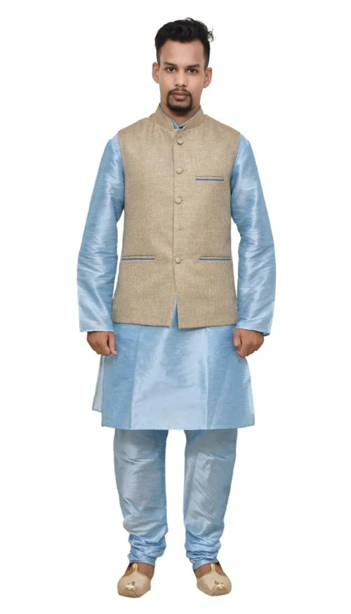 Buy HFP Men's Sky Blue Matching Silk Kurta Churidhar With Coffee Colour ...