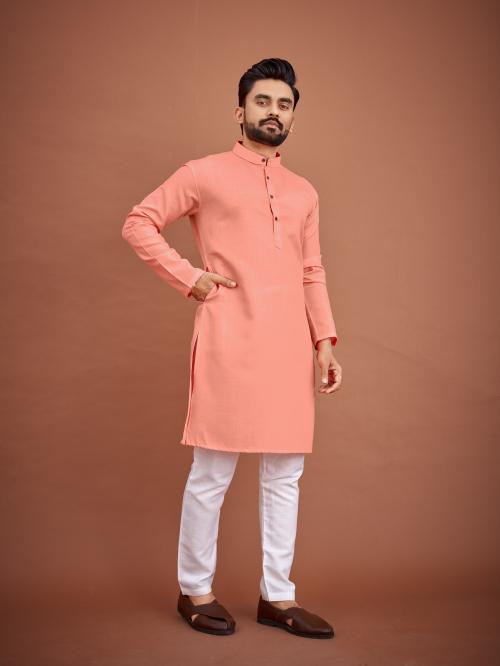 Buy Allan Peter Men Pink Solid Cotton Blend Straight Kurta Online at ...