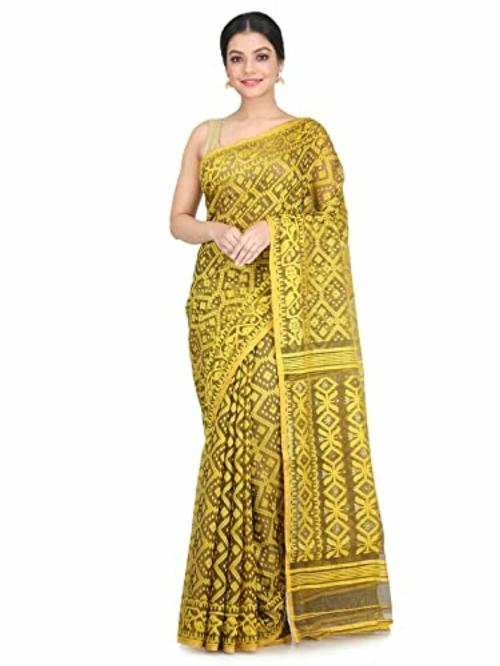 Buy PinkLoom Women Yellow Woven Pure Cotton Jamdani Saree Without Blouse Piece Online at Best ...