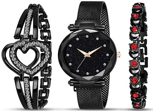 Buy Varni Retail Latest 12 Diamond Black Magnetic Buckle Watch With ...