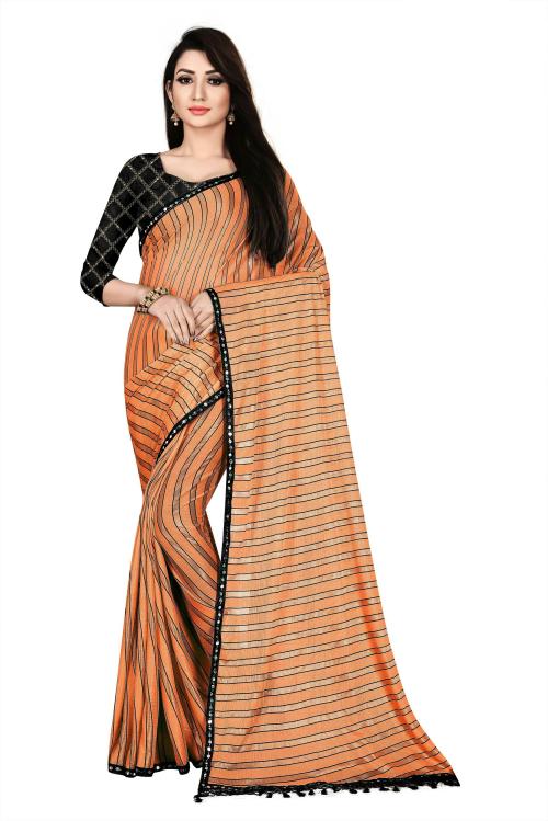 Buy sareya veela Bollywood Women Orange Striped Lycra Blend Sarees ...