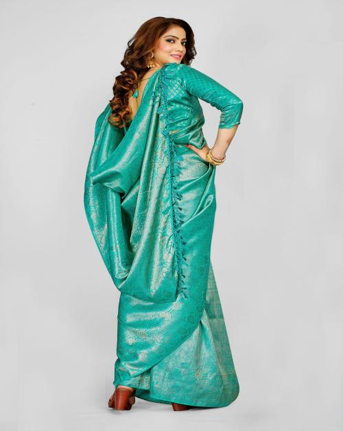 Buy AFORMI Woven, Printed Banarasi Pure Silk Saree Rama Colour Online ...