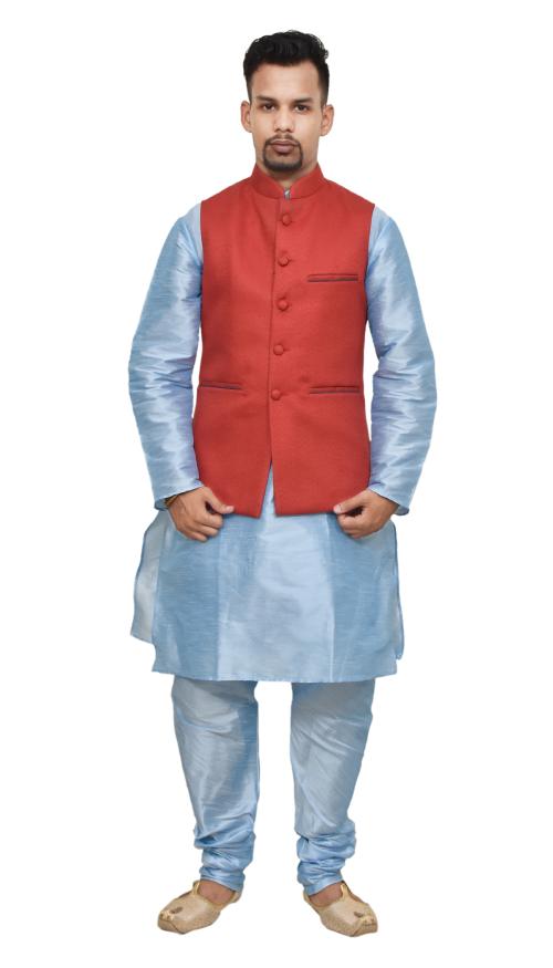 Buy HFP Men's Sky Blue Matching Silk Kurta Churidhar With Red Joot ...