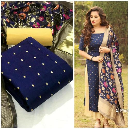 Buy GURHAL Embroidered Art Silk Unstitched Dress Material Navy Blue ...