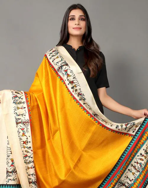 Buy Siril Women's Yellow Color Printed Khadi silk Dupatta Online at ...