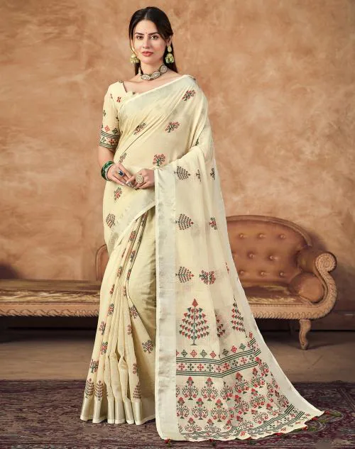 Buy Satrani Linen Off-White Color Saree with Blouse piece | sarees for ...