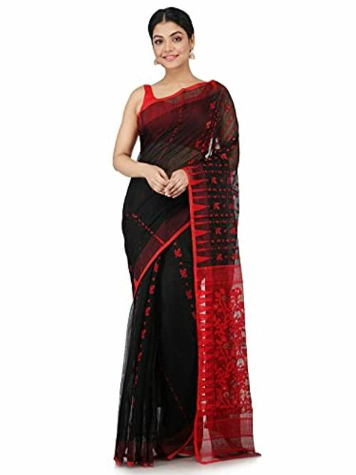 Buy PinkLoom Women Black Handloom Pure Cotton Jamdani Saree Without Blouse Piece Online at Best ...