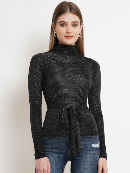 Buy Popwings Casual Full Sleeves High Neck Black Wrinkle Shining Design ...