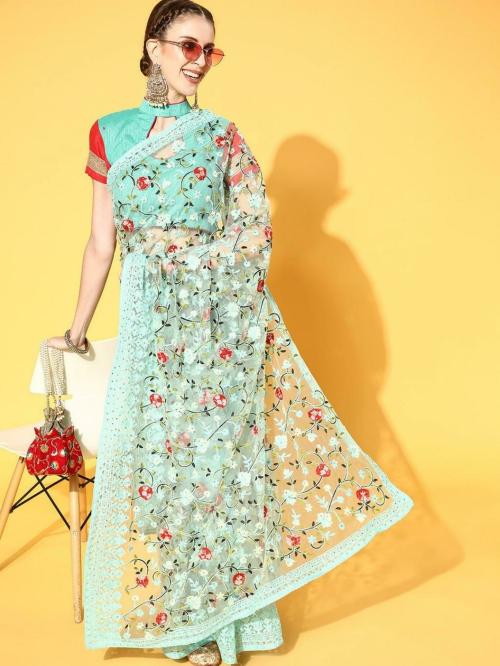 Buy Chhabra 555 Turquoise Blue Multi Color Resham Embroidered & Crystal ...