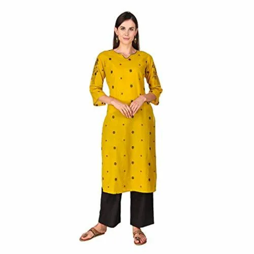 Buy RSK Ethnic Wear Women Yellow Embroidered Cotton Straight Kurta Palazzo Set - M Online at ...