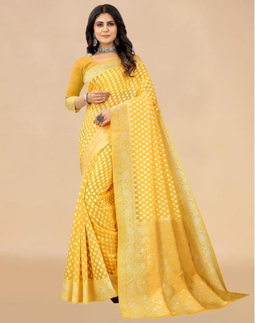 Buy Siril Cotton Blend Yellow Color Saree with Blouse piece Online at ...