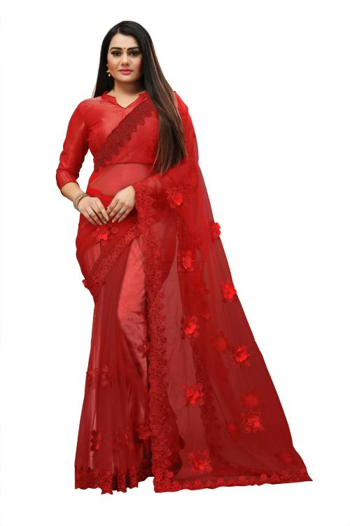 Buy N V Patel Women Red Embroidered Net Bollywood Saree Online at Best ...
