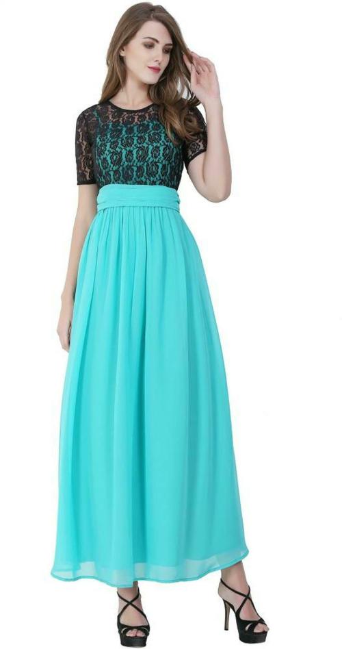 Buy scenestealer Women Black and Light Blue Solid Poly Georgette Maxi ...