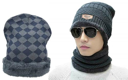 Buy B & B BUTTONS & BOWS Grey, Blue Fleece Beanie And Neck Scarf For ...