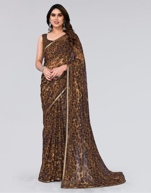 Buy Siril Chiffon Brown Color Saree with Blouse piece Online at Best ...