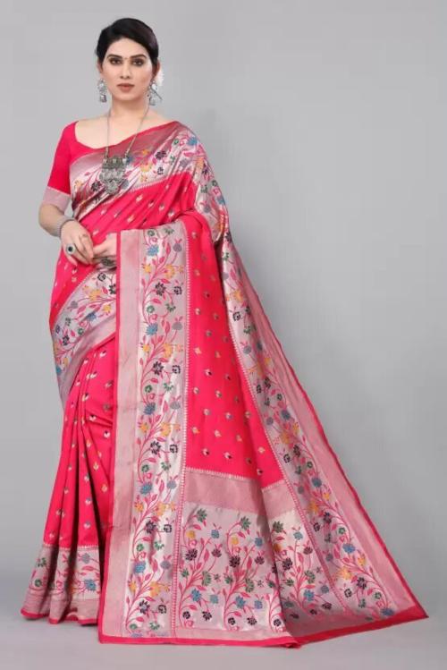 Buy MANGROLIYA IMPEX Women Pink Woven, Self Design Silk Blend, Art Silk Banarasi Saree Online at ...