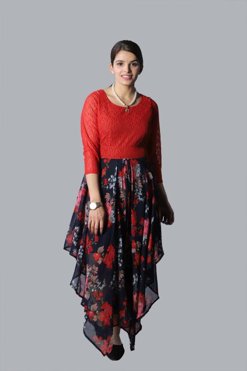 Buy Lilyn Women Red Lace Asymmetric Dress (S) Online at Best Prices in ...