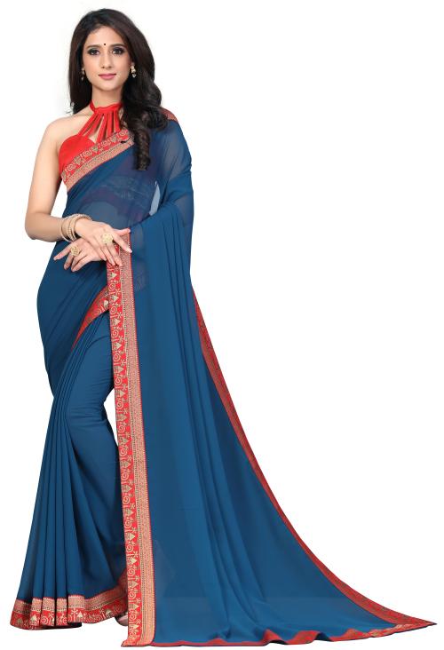 Buy sadika women's solid plain daily wear morpich blue georgette saree ...