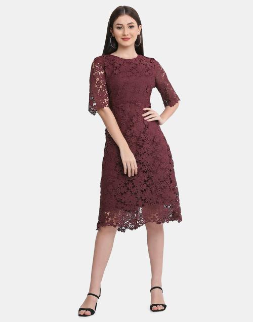 Buy Parory Women Maroon Lace Cotton Dress (M) Online at Best Prices in ...