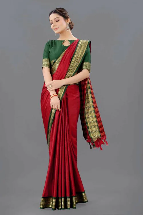Buy Dwini Women Maroon Striped Cotton Silk Dharmavaram Saree Online at ...