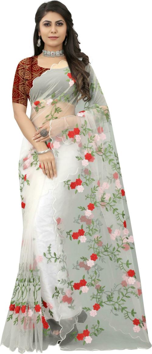 Buy Febo Fashion Women White Embroidered Net Single Saree Online at ...