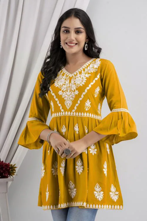 Buy Ratnavali Casual Regular Sleeves Embroidered Women Mustard Top ...