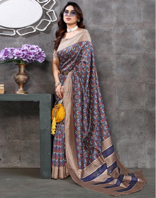 Buy Siril Poly Silk Multicolor & Grey Color Saree with Blouse piece ...