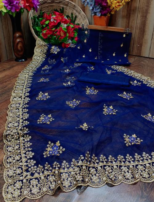 Buy Navy Blue Heavy Net Saree With Embroidery Work Online at Best ...