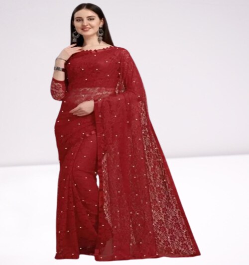 Buy Vragi's Present Maroon Net saree with Blouse Piece Online at Best ...