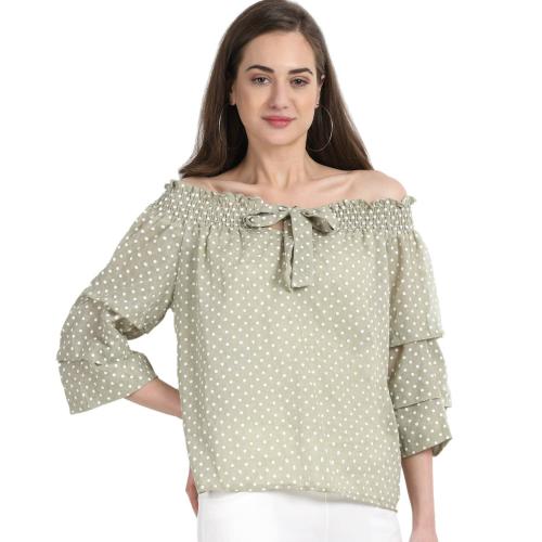 Buy Global Republic Women Green Printed Polyester Shoulder Top Online ...