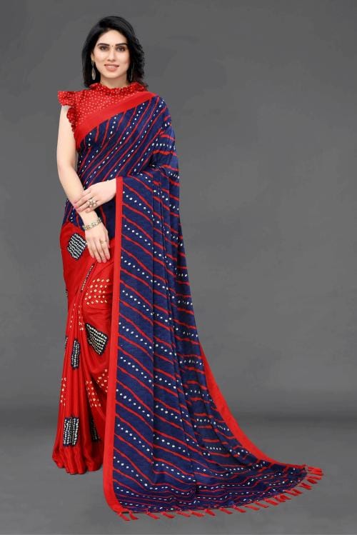 Buy sareya veela Leheria Women Red and Blue Striped Pure Silk Sarees ...