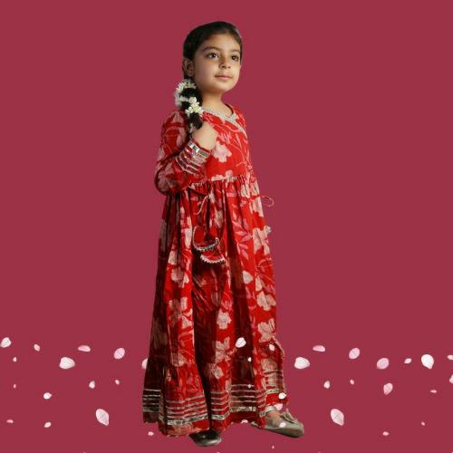 Buy Tippy Top Girls Red, Maroon Cotton Blend Floral Print Anarkali Gown ...
