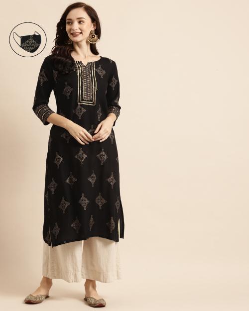 Buy Rangmayee Women's Black & Grey Gotta Patti Foil Print Straight ...