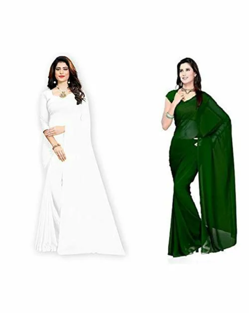 Buy XFY Women White and Dark Green Solid Georgette Saree with Unstitched Blouse Piece (Pack of 2 ...