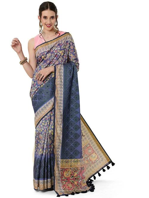 Buy Dungrani Women Blue Kalamkari Art Silk Saree With Unstitched Blouse ...