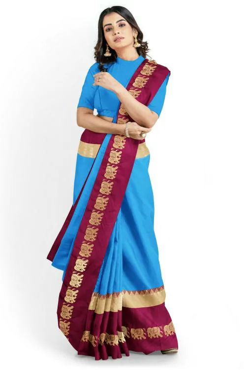 Buy SWIFFIN Exclusive Collection Cotton Silk Banarasi Sky Blue-Maroon ...