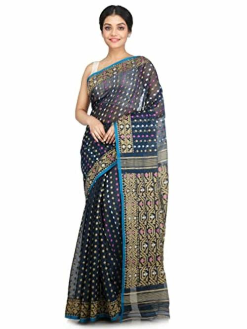 Buy PinkLoom Women Blue Woven Pure Cotton Jamdani Saree without Blouse Piece Online at Best ...