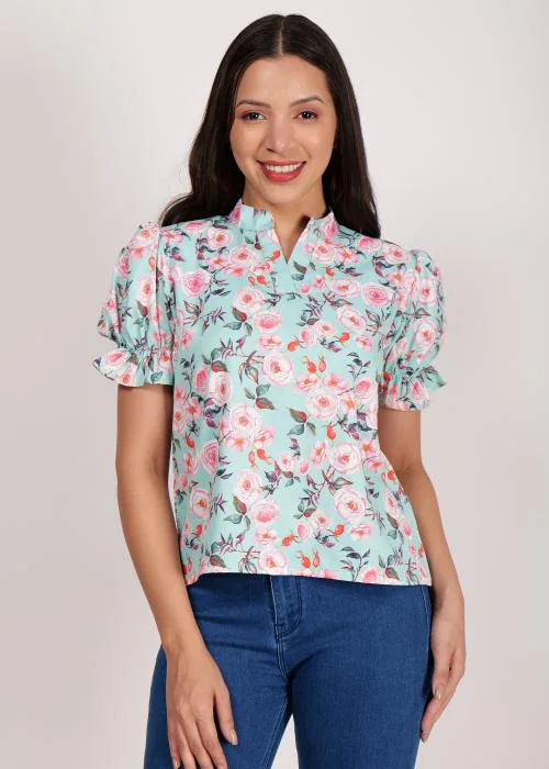 Buy Frolic Rolic Light Blue Collared Neck Floral Puff Sleeve Viscose ...
