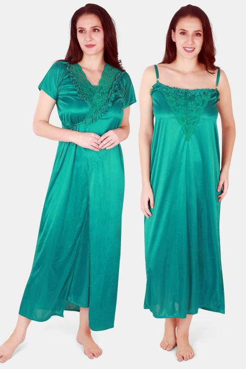 Buy Be You Women Turquoise Solid Satin Nighty With Robe Online at Best ...