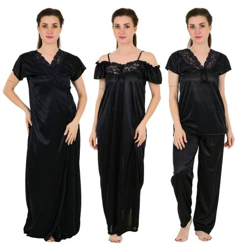 Buy Keoti Women's Satin Black Color Nightwear - Pack of 4 (Robe, Full ...