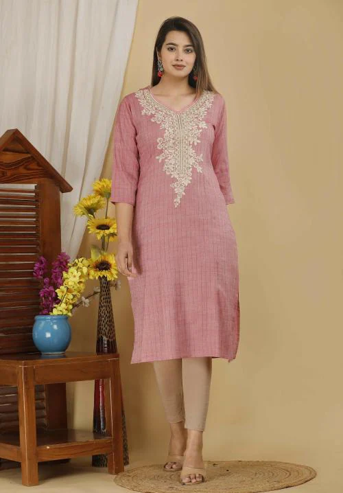 Buy Mehsoos Women Pink Embroidered Cotton Silk Straight Kurta (XXL ...